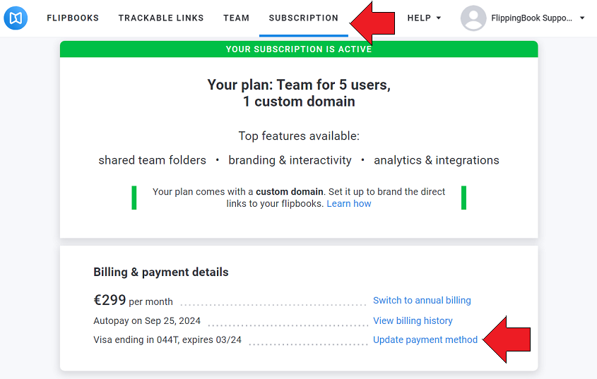 How can I change my credit card or payment method? | FlippingBook